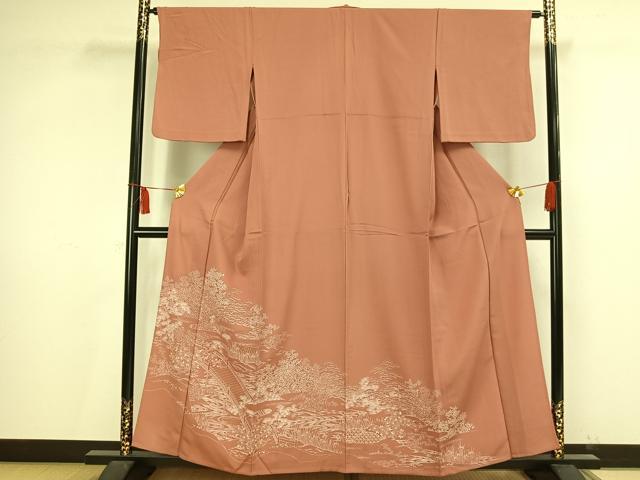 平和屋着物▽訪問着　単衣　刺繍　風景草花文　正絹　逸品　AAAV2775fy