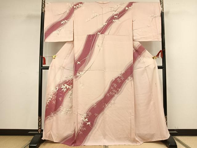 平和屋着物▽訪問着　単衣　友禅　作家物　手描き　枝葉文　正絹　逸品　AAAV2813fy