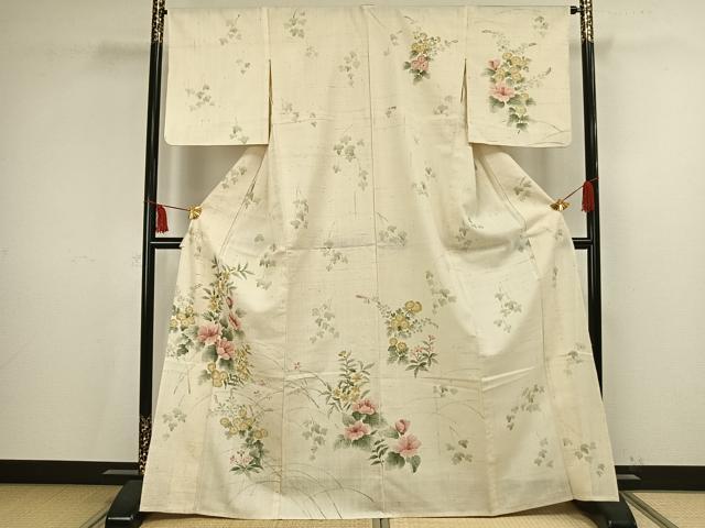 平和屋着物▽訪問着　単衣　紬地　手描き　草花文　正絹　逸品　AAAV2814fy