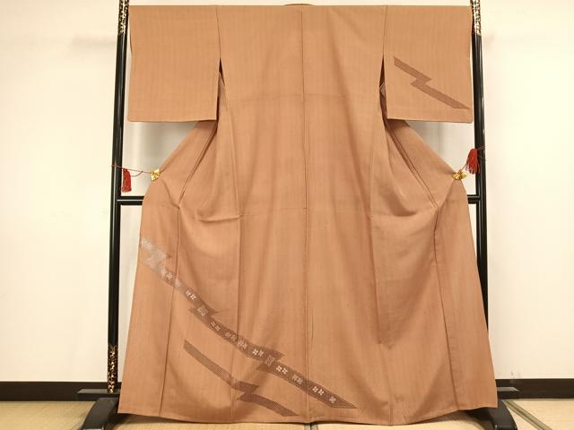 平和屋着物▽訪問着　単衣　紬地　刺繍　稲妻取り花文　正絹　逸品　AAAV2836fy