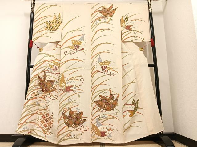平和屋着物▽訪問着　単衣　花蝶文　金彩　正絹　逸品　AAAV5772ph
