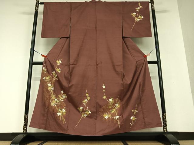 平和屋着物●訪問着　紬地　手描き　枝花文　正絹　逸品　AAAV7032zg