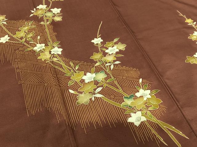 平和屋着物○訪問着 紬地 手描き 刺繍 枝花文 正絹 逸品 未