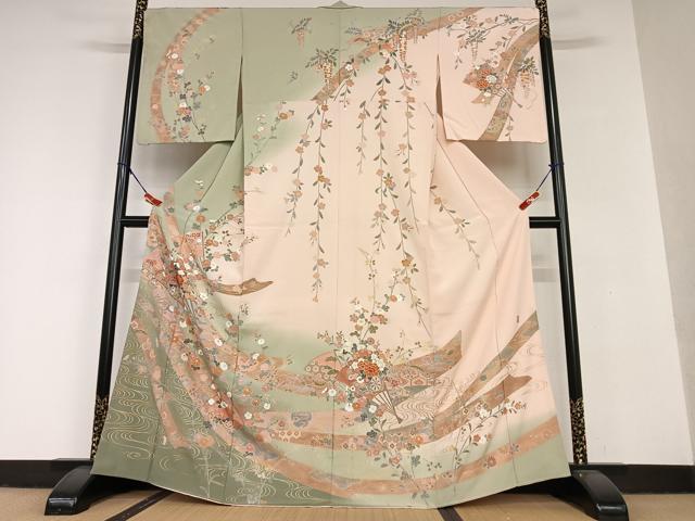 平和屋着物●訪問着　作家物　香麗　鬘帯流水花車文　暈し染め　金彩　正絹　逸品　AAAV7052zg