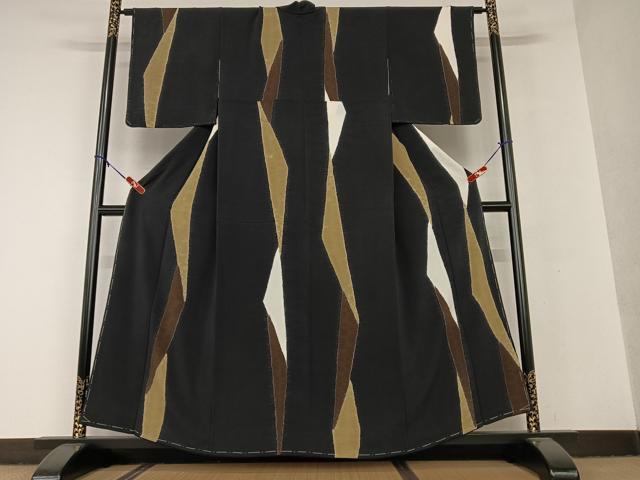 平和屋着物●上質な小紋　絞り　変わり縞　黒地　鬼しぼ縮緬　正絹　逸品　未使用　AAAV7071zg