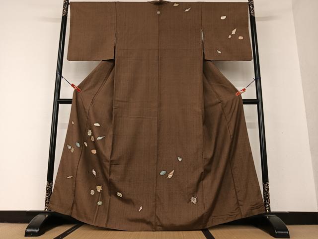 平和屋着物●訪問着　友禅　紬地　シェル　貝殻　正絹　逸品　AAAV7081zg