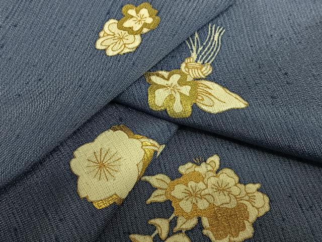 平和屋着物●上質な小紋　紬地　草花文　金彩　正絹　逸品　AAAV7109zg