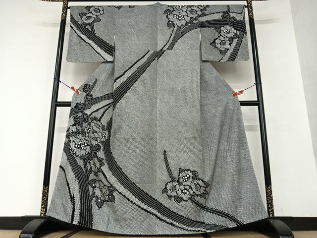 平和屋着物●訪問着　総絞り　草花文　黒地　正絹　逸品　AAAV7187zg