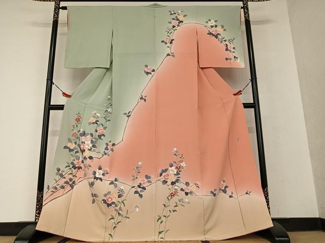 平和屋着物●訪問着　友禅　作家物　竹峯　枝花文　暈し染め　正絹　逸品　AAAV7282zg