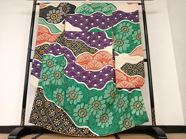 平和屋着物●豪華振袖　絞り　舞花文　青海波　正絹　逸品　AAAV7285zg