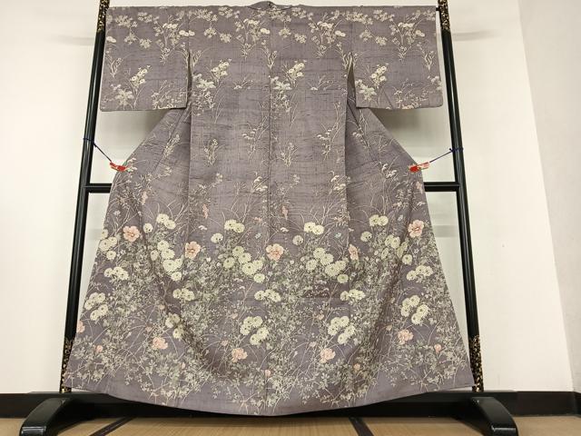 平和屋着物●染織の名門　しょうざん  生紬　訪問着　手描き　草花文　正絹　逸品　AAAV7294zg