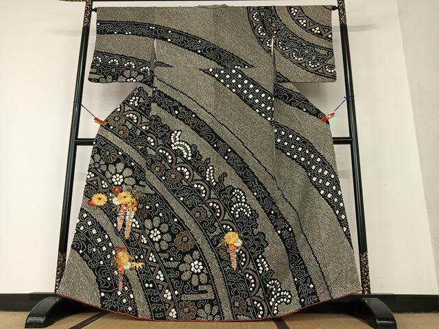 平和屋着物●訪問着　駒刺繍　絞り　花唐草間道　藤花房　黒地　金彩　正絹　逸品　AAAV7302zg