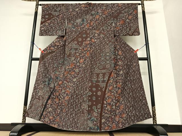 平和屋着物●小林文次郎　訪問着　手描き　更紗花文　鬼しぼ縮緬　正絹　逸品　AAAV7388zg