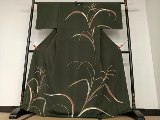 平和屋着物●訪問着　友禅　ススキ　鬼しぼ縮緬　正絹　逸品　AAAV7432zg