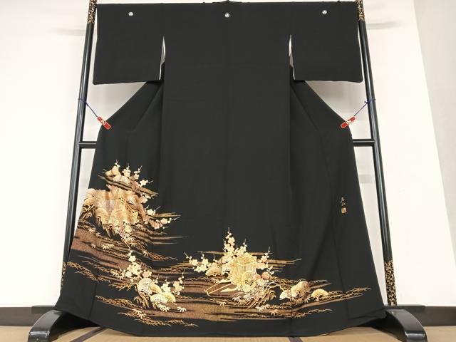 平和屋着物●金彩友禅　卓越技能者・名工・和田光正　黒留袖　松竹梅風景文　金彩　正絹　逸品　AAAV7441zg