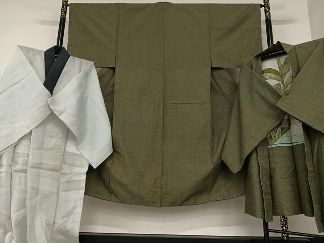 平和屋着物▽男性　結城紬　杢　アンサンブル　長襦袢(単衣)セット　霞文　正絹　逸品　AAAV7481zg