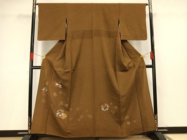 平和屋着物▽訪問着　単衣　刺繍　草花文　銀糸　洗える着物　AAAV8395fy