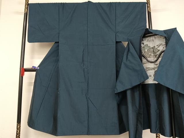 平和屋着物●男性　紬　アンサンブル　青藍色　正絹　逸品　AAAV9069np