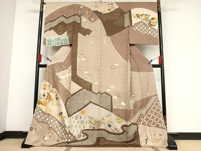 平和屋着物●十日町 名門青柳高級ブランド 大喜百花 訪問着 駒刺繍 絞り 枝花光琳松文 金彩 丹後ちりめん 証紙付き 正絹 逸品 AAAV9145np