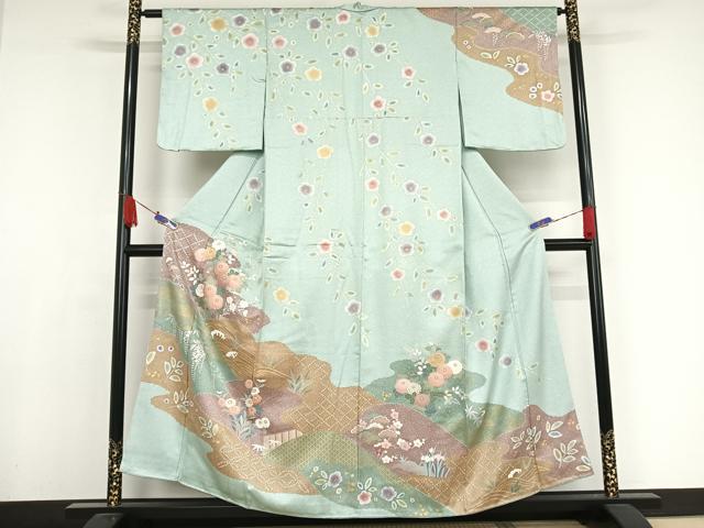 平和屋着物●訪問着　草花文　金彩　反端付き　正絹　逸品　未使用　AAAV9194np