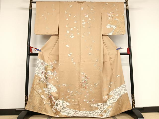 平和屋着物●訪問着　駒刺繍　舞扇草花文　金糸　金彩　正絹　逸品　AAAV9200np