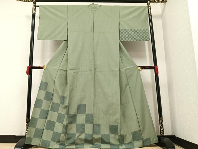 平和屋着物●訪問着　紬地　市松文様　正絹　逸品　AAAV9409ph