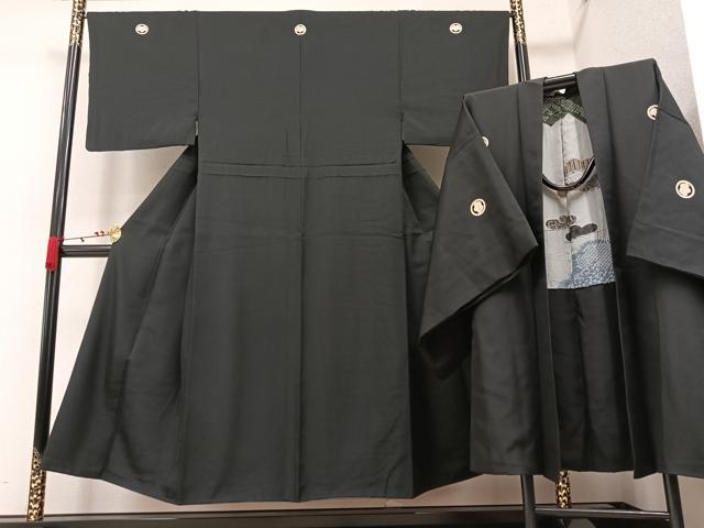 平和屋着物●男性　黒紋付　羽織セット　正絹　逸品　AAAW0020ph