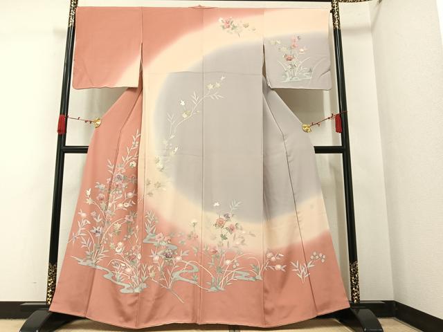 平和屋着物●訪問着　友禅　作家物　枝花文　暈し染め　正絹　逸品　AAAW0064ph