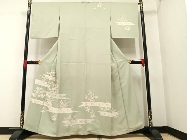 平和屋着物●訪問着　駒刺繍　草花文　金彩　和か美苑　反端付き　正絹　逸品　AAAW0075ph