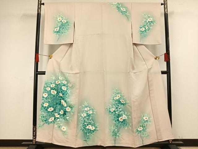 平和屋着物▽訪問着　単衣　手描き　草花文　金彩　正絹　逸品　AAAW1255fy