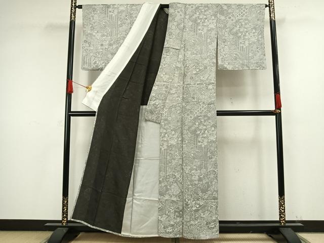 平和屋着物▽お召 単衣 花尽くし 正絹 逸品 AAAV2791fy