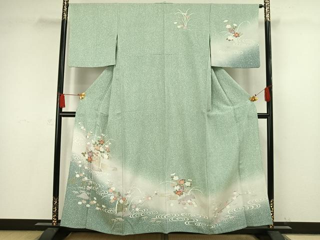 平和屋着物▽訪問着　単衣　風景草花文　たたき染め　金彩　正絹　逸品　AAAW1285fy