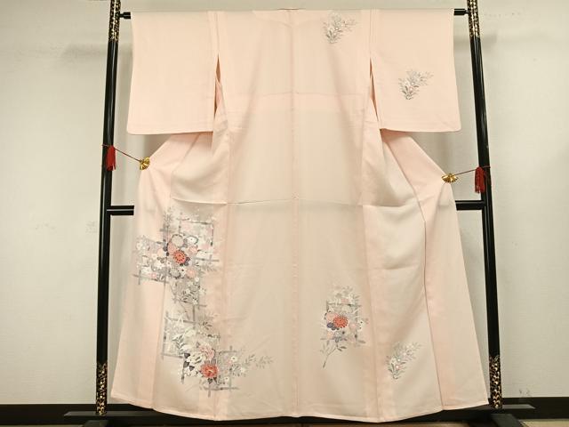 平和屋着物▽上質な小紋 単衣 絞り 斜線花文 正絹 逸品 未