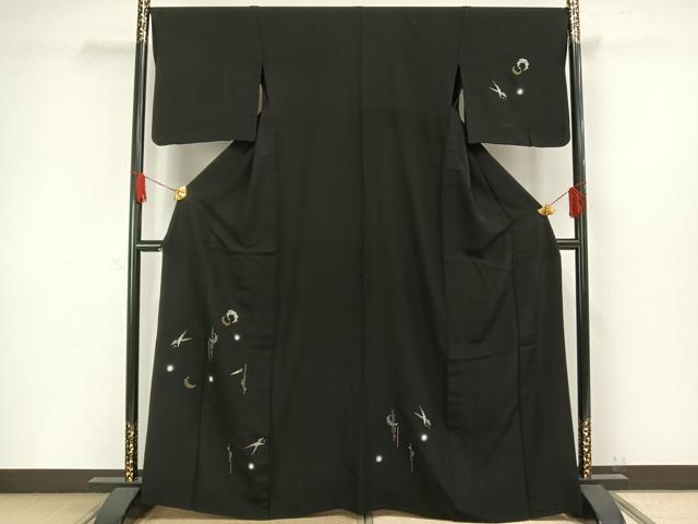 平和屋着物▽訪問着　単衣　刺繍　器物文　ほたる暈し　黒地正絹　逸品　AAAW1353fy