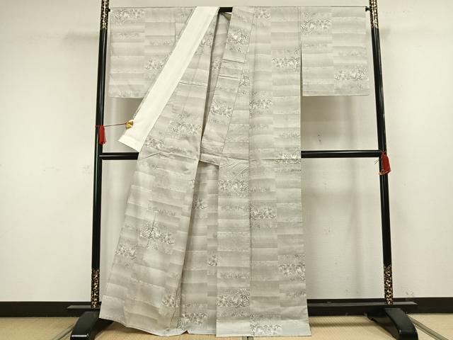 平和屋着物▽本場大島紬 単衣 白大島 9マルキ 横段花蝶