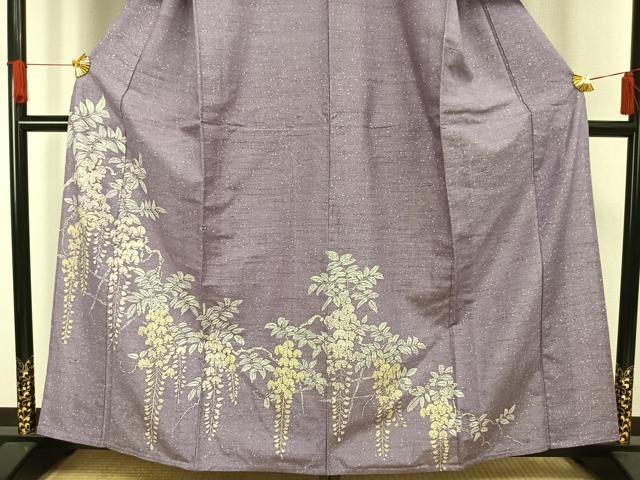 平和屋着物▽訪問着 単衣 紬地 型染め 藤花房 正絹 逸品