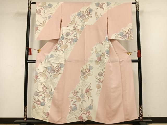 平和屋着物▽訪問着　単衣　道長草花文　正絹　逸品　AAAW1374fy