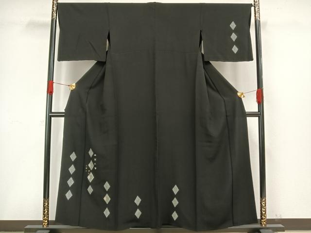 平和屋着物▽訪問着　単衣　刺繍　菱文　黒地　金糸　金彩　正絹　逸品　AAAW1388fy