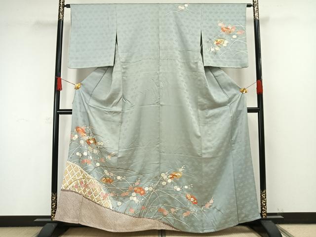 平和屋着物▽訪問着　単衣　駒刺繍　絞り　扇面花文　金彩　正絹　逸品　AAAW1406fy