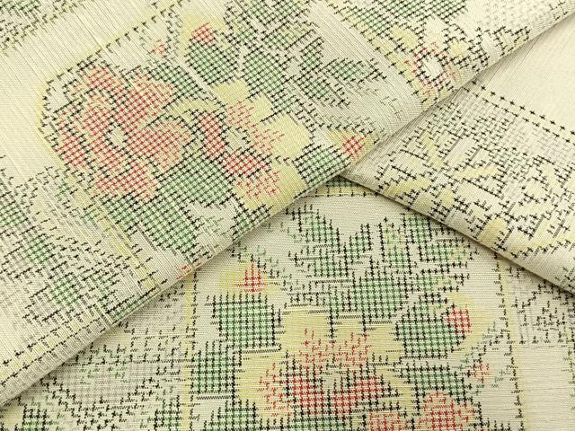 平和屋着物▽上質な紬　単衣　色紙草花文　正絹　逸品　AAAW1438fy