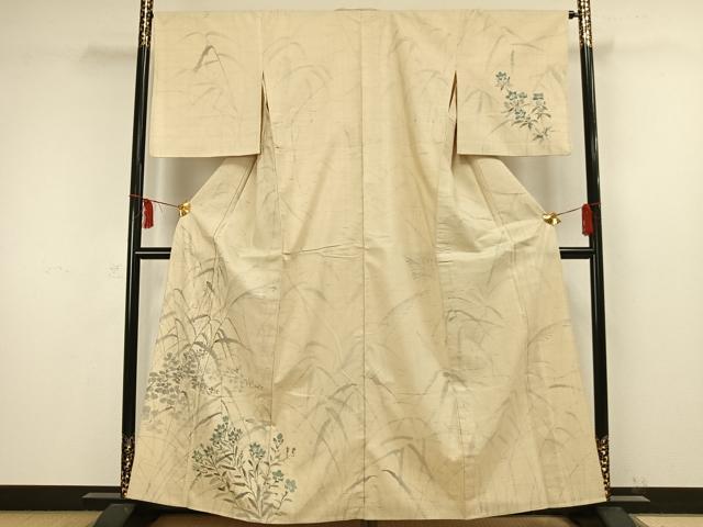 平和屋着物▽訪問着　単衣　生紬　手描き　草花文　正絹　逸品　AAAW1441fy