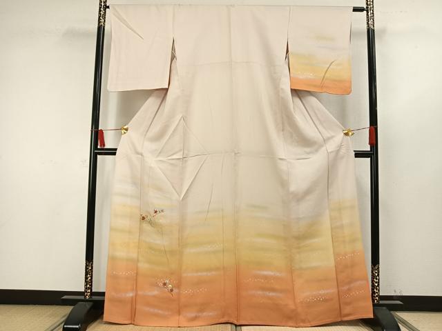 平和屋着物▽訪問着　単衣　中国三大刺繍　相良刺繍　枝花文　暈し染め　金糸　銀彩　正絹　逸品　AAAW1497fy