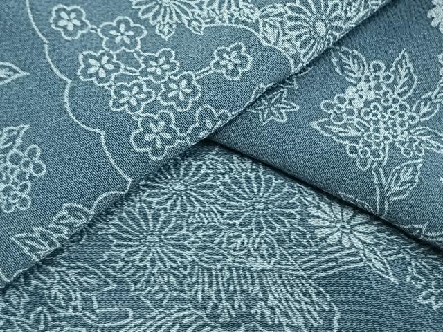 平和屋着物▽上質な小紋　単衣　型染め　藍　草花文　鬼しぼ縮緬　正絹　逸品　AAAW1509fy