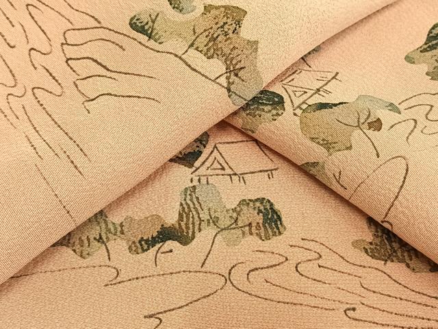 平和屋着物▽上質な小紋　単衣　風景文　暈し染め　正絹　逸品　AAAW1534fy