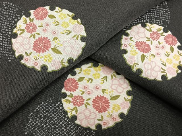 平和屋着物▽小紋　単衣　雪輪花文　黒地　洗える着物　AAAW1545fy