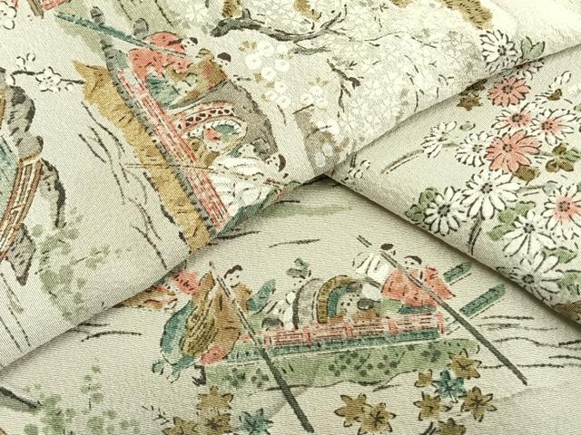 平和屋着物▽上質な小紋　単衣　人物風景文　正絹　逸品　AAAW1613fy