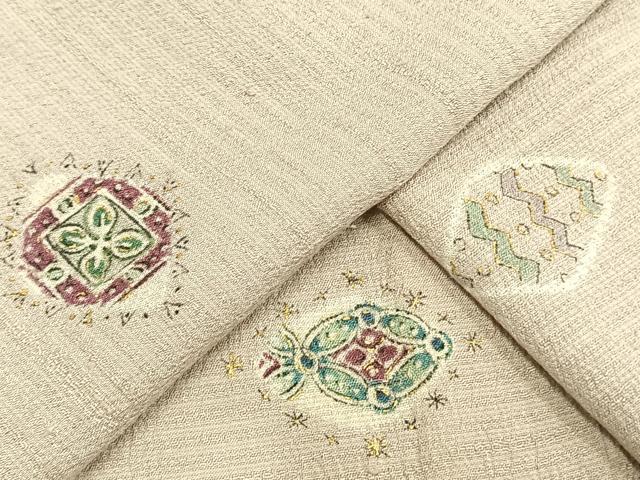 平和屋着物▽お召　単衣　紬地　絞り　幾何学文様　ロング丈　正絹　逸品　AAAW1702fy