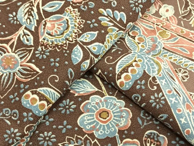 平和屋着物▽小紋　単衣　更紗舞蝶花鳥文　洗える着物　AAAW1729fy