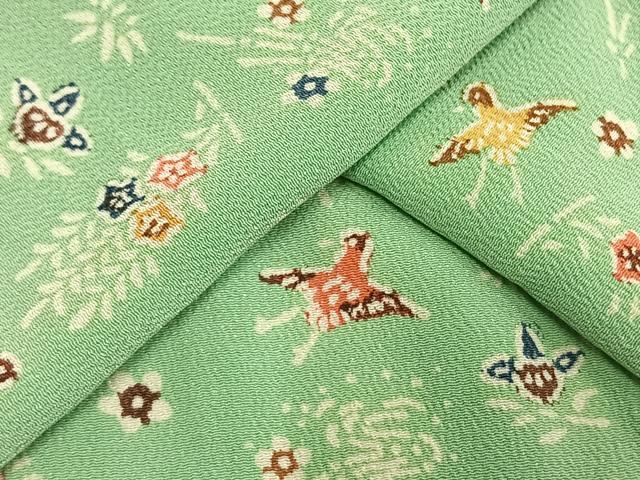 平和屋着物▽上質な小紋　単衣　型染め　花鳥文　鬼しぼ縮緬　正絹　逸品　AAAW1742fy