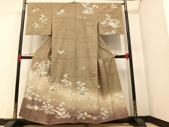 平和屋着物●訪問着　生紬地　手描き　松竹梅　風景文　利休茶色　暈し染め　やまと誂製　正絹　逸品　AAAW1812ph